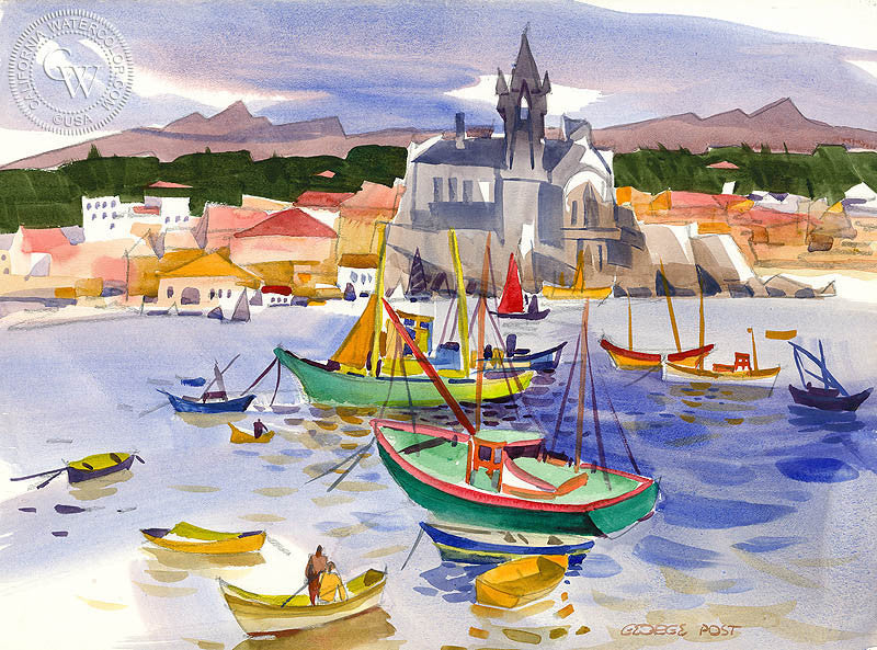 Cascais, Portugal, 1974, art by George Post – California Watercolor