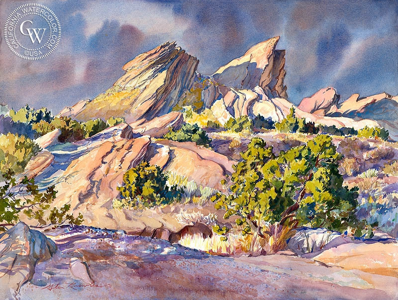 Sunset at Vasquez Rocks Park, art by Glen Knowles – California Watercolor