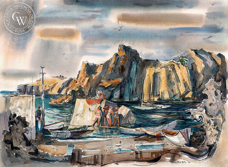 Sunbathing on the Rocks, 1958, art by Phil Dike – California Watercolor