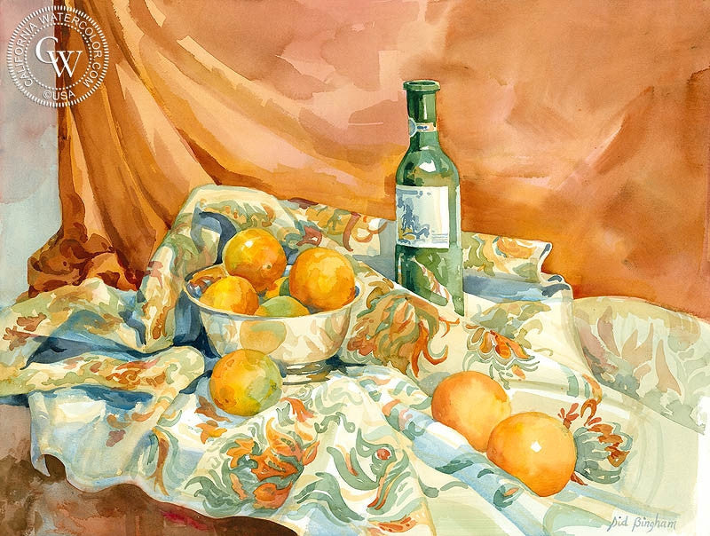 Oranges with Wine Bottle, art by Sid Bingham – California Watercolor